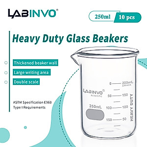 LABINVO Heavy-Duty Glass Beaker Set, 10pcs of Vol.250ml, 3.3 Borosilicate Glass, Thickened Beakers, with Double Scale, IN-HBK250B