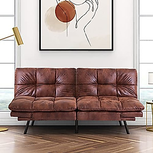 IULULU Futon Sofa Bed, Faux Leather Couch, Modern Convertible Sleeper Daybed with Adjustable Armrests for Studio, Apartment, Office, Small Space, Compact Living Room, Brown