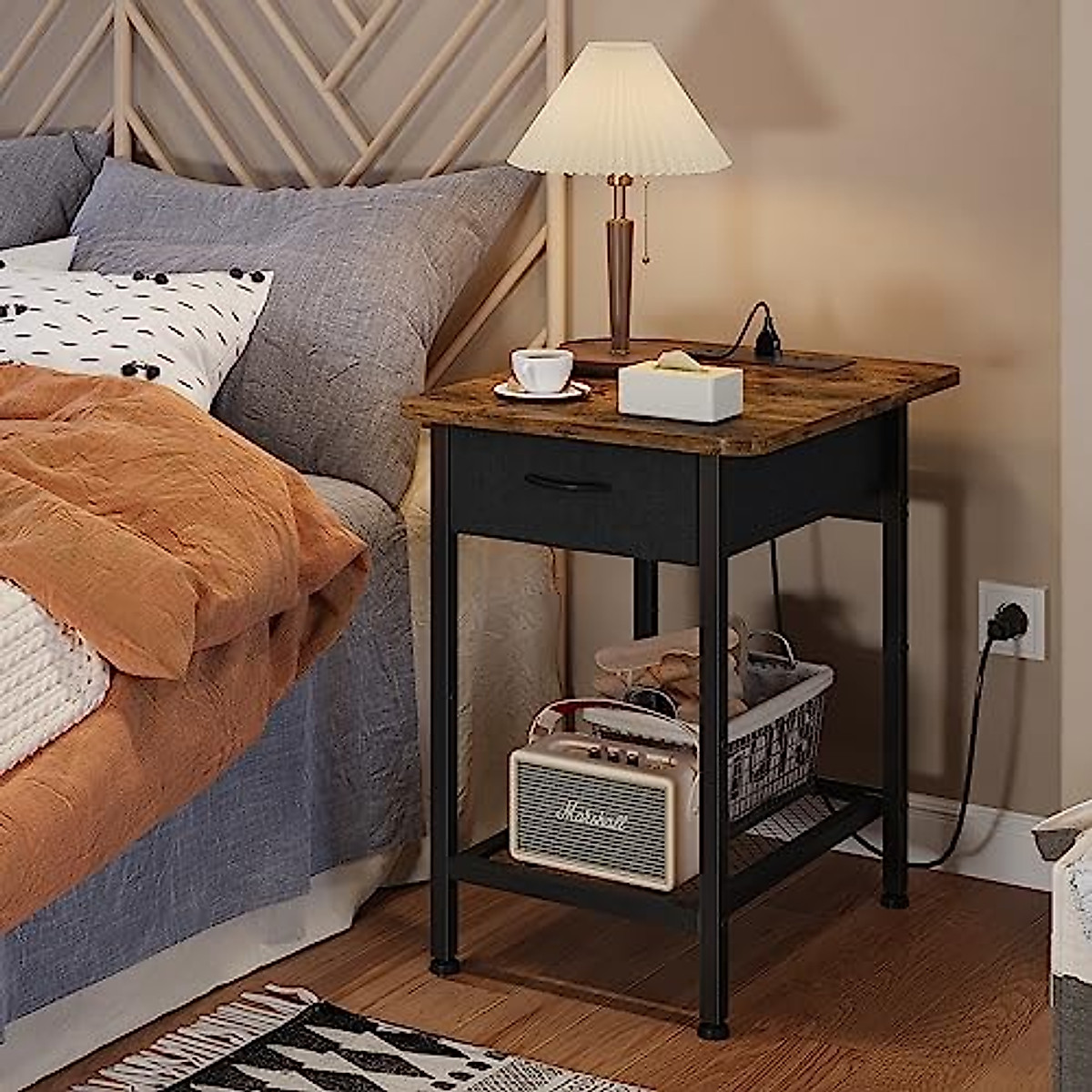 GYIIYUO Nightstands Set of 2 with Charging Station and Fabric Storage Drawer,16.5" x 15.8" Side Table with Storage for Bedroom, Bedside Tables with Steel Fram, Rustic Brown and Black