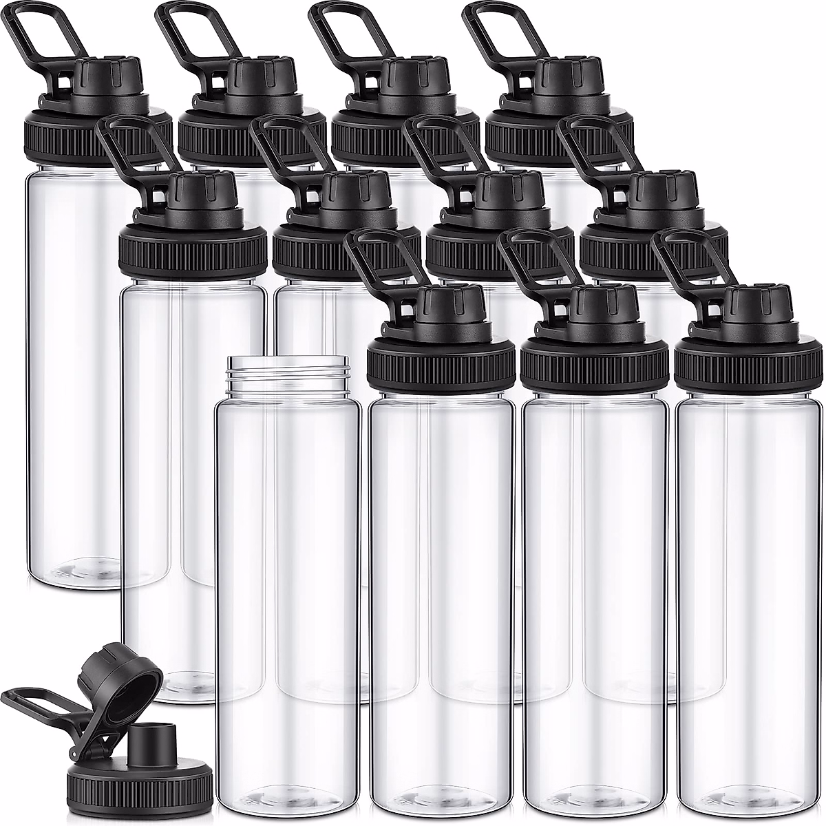 Shellwei 12 Pack Sports Water Bottles Bulk 24 oz Clear Water Bottle with Spout Lid Plastic Leak Proof Portable Sports Bottles 700 ml Bike Water Bottles with Handle for Fitness Outdoor Sports School