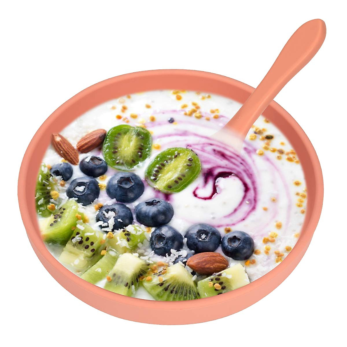 TOPGOMES Silicone Suction Plate, Comes with Soft Spoon Fork | Stay Put Baby Feeding Dishes for Kids and Infants | BPA Free, 100% Food-Grade Silicone, Non-Slip Design (Ether)