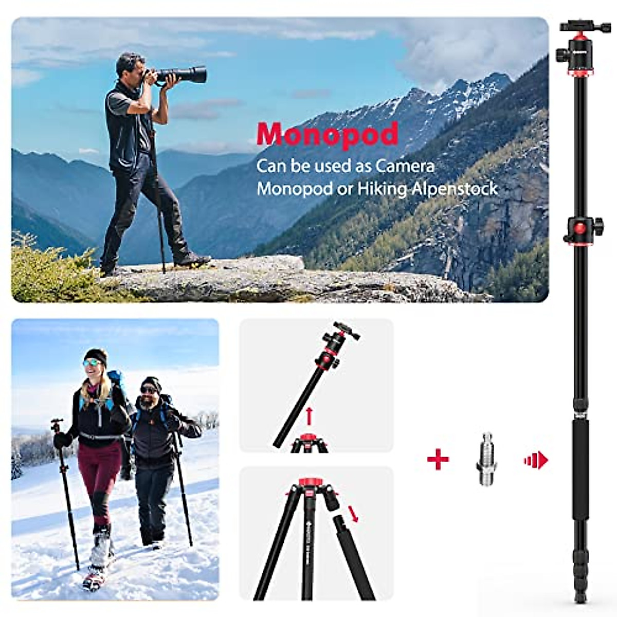 GEEKOTO Camera Tripod, Tripod for DSLR Camera, Aluminum Tripod with 360-Degree Ball Head and Rotatable Center Column, Bag,Video Camcorder Tripod,75-Inch Professional Tripod for Travel and Work.