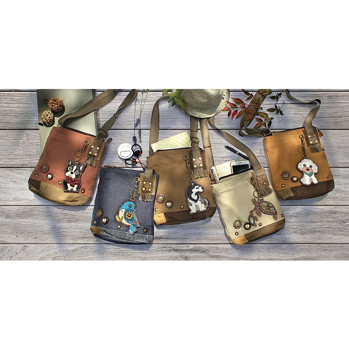 Canvas Patchwork Cross-body Messenger Bag with faux leather Animal Coin Purse (White Chichik Bird - Olive)