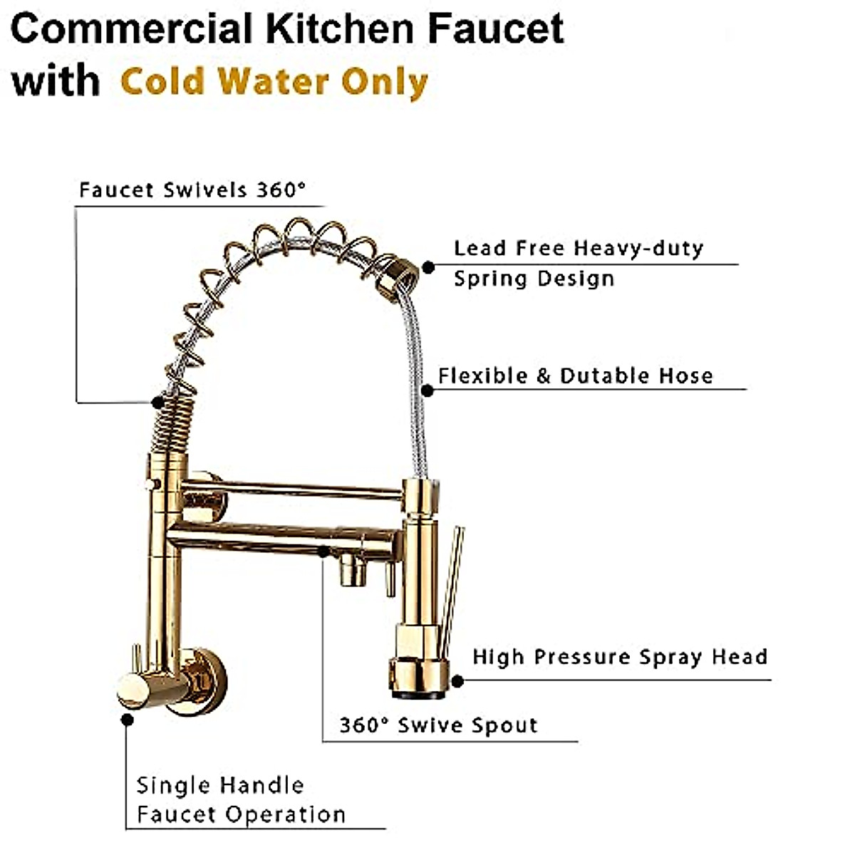 Kitchen Sink Faucet for Bar Farmhouse Commercial, Golden/Brushed Nickel/Chrome Spring Kitchen Faucet, Swivel Side Sprayer Dual Spout Kitchen Tap, 360 Rotation Kitchen Sink Cold Water Faucet (Color :