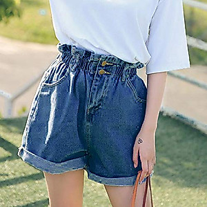 Sdeycui Women High Waist Bud Elastic Waist Wide Legging Solid Jeans Shorts(Dark Blue, XXL)