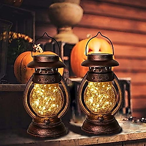 2 Pack Vintage Lantern,Halloween Outdoor Lanterns 2 Modes Option Solar Powered & Battery Operated Cracked Glass Ball Design Waterproof for Table, Garden, Patio,Weddings, Holidays(Warm White)