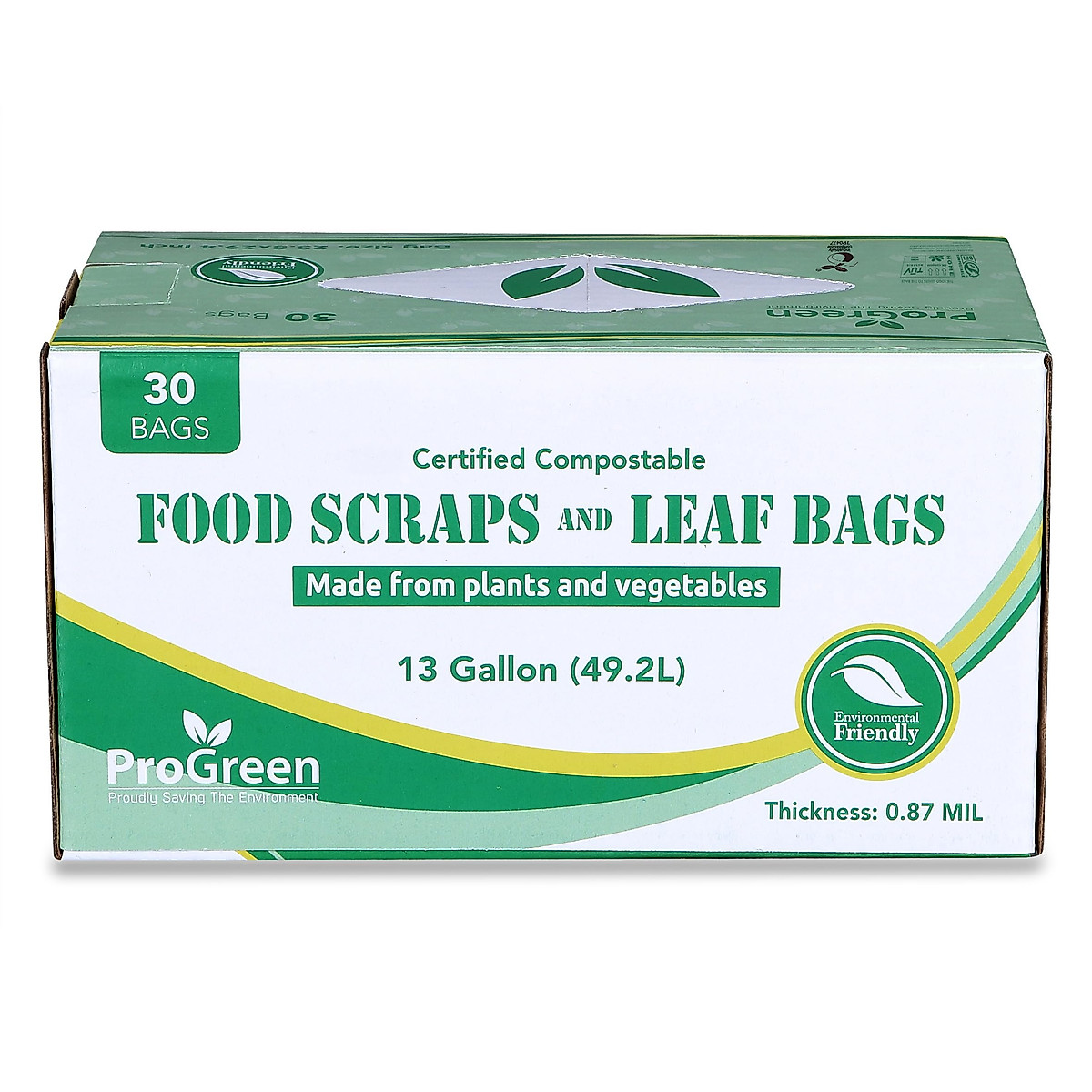 ProGreen Compostable Bags 13 Gallon, 30 Count Tall Kitchen Compost Trash Bag, Extra Thick 0.87 Mil, Food Scrap Yard Waste Bags, Compost ASTM D6400 BPI and TÜV AUSTRIA Certified