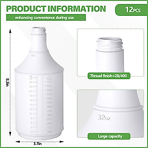 Yiyiring 12 Pcs Chemical Resistant 32 oz Bottles Plastic Leak Proof Embossed Scale Spray Bottles Pair without Industrial Spray Heads for Window Cleaning Car Detailing Lawn Care