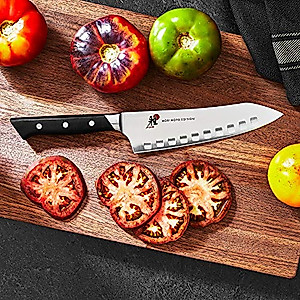 Miyabi Morimoto Edition Hollow Edge Rocking Santoku Knife, 7-inch, Black w/Red Accent/Stainless Steel