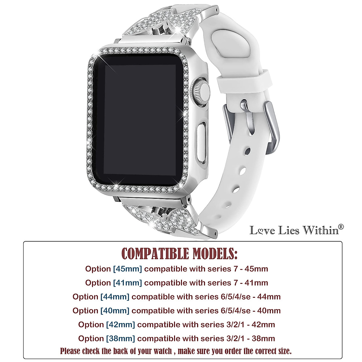 Love Lies Within Bling Butterfly Band Case Compatible with Apple Watch Band 45mm for Women Classy Silicone Bracelet with Rhinestone Bumper for iWatch Series 7 8
