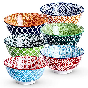 Ceramic Cereal Bowls - Porcelain 23 Ounce Colorful Bowls for Kitchen, Lareina Deep Bowls Set for Soup, Dessert or Oatmeal - Microwave and Dishwasher Safe - Set of 6
