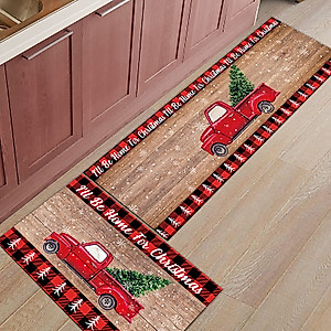 Arts Print Buffalo Plaid Kitchen Rug Mat Set of 2,Christmas Red Truck with Christmas Tree Retro Wood Grain Runner Rug,Non-Slip Durable Kitchen Floor Mat for Sink,Bathroom,15.7x23.6Inch+15.7x47.2Inch
