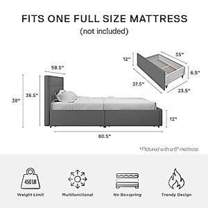 DHP Rose Upholstered Platform Bed with Underbed Storage Drawers and Button Tufted Headboard and Footboard, No Box Spring Needed, Full, Gray Linen