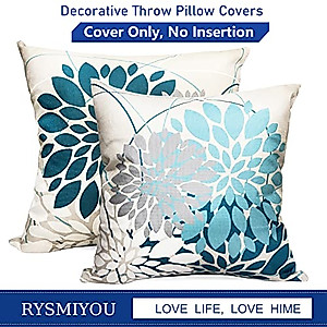 Teal Blue Decorative Throw Pillow Covers 18x18 Inch Pillow Covers for Couch Living Room Bedroom Outdoor,Modern Sofa Throw Pillow Cover,Farmhouse Geometric Floral Linen Square Pillow Case,Set of 2