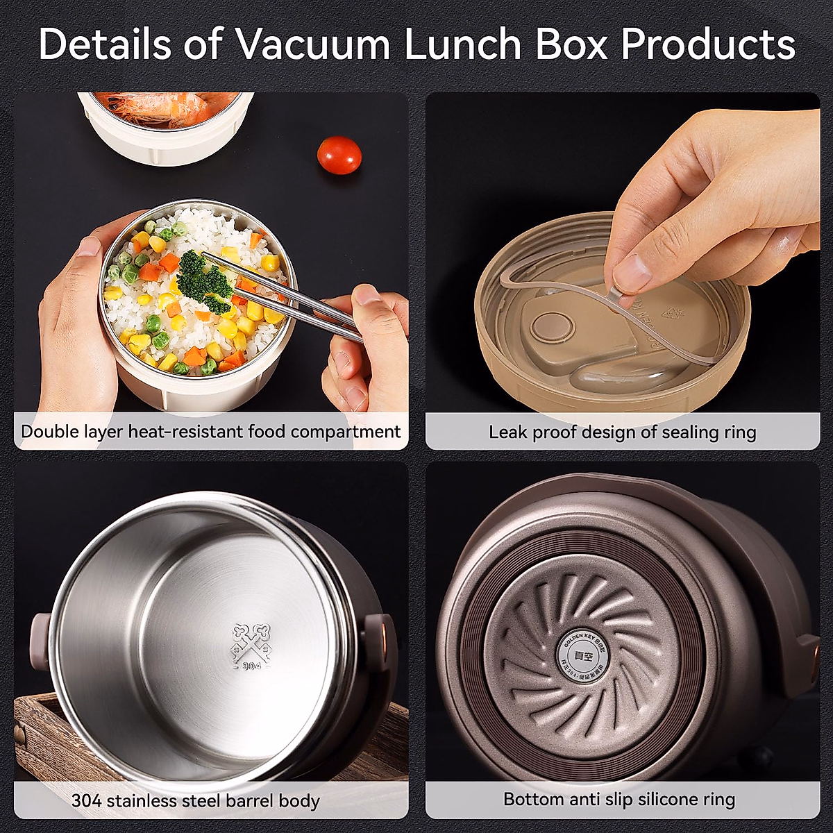 GOLDEN KEY Adults Stainless Vacuum-Insulated Wide Mouth Large Thermos for Hot Food with 3 Stackable Storage Container Inserts and Lunch Bag,Hot & Cold Soup Thermo Lunch Container,87 Ounce,Coffee