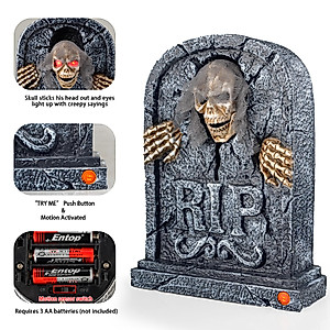 Motion Activated Halloween Animatronics Zombie Tombstone - LED Gravestone Decorations with Spooky Skeleton Skull Head, Light Up Eyes, Creepy Voice, Scary Motion Haunted Horror Prop for Indoor/Outdoor