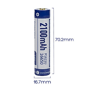 Keeppower Protected 16650 Li-ion Battery P1621U USB Rechargeable 3.6V 2100mAh 7.56Wh Flashlight Battery Included with a 2-in-1 Charging Cable (2 Pack)