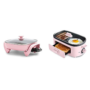 GreenLife Healthy Ceramic Nonstick 12" Square Electric Skillet (5QT) and 3-in-1 Breakfast Maker Station, Pink