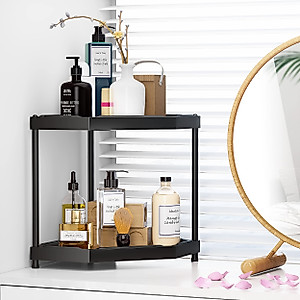 villertech Kitchen Corner Shelf Countertop 2 Tier Bathroom Counter Organizer Cabinet Corner Storage Shelf Spice Rack Makeup Organizer Under Sink Organizer Black