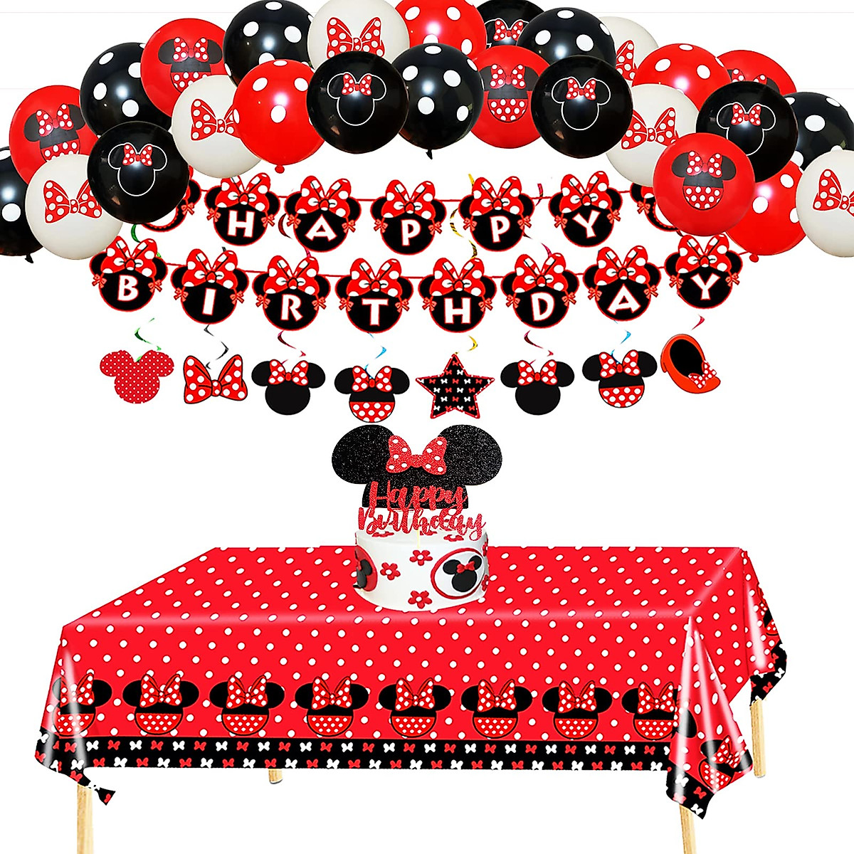 74pcs Red Birthday Party Supplies Cartoon Balloon Banner Hanging Swirls Headband Cake Topper Table Cloth Red Birthday Decorations for Girls 1st 2nd 3rd Bday Parties