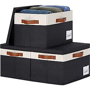 GhvyenntteS Large Storage Bins with Lids (3-Pack), Storage Baskets with Lid and Label Window, Foldable Fabric Storage Boxes with 3 Handles for Home Office College Dorms (Black, 15" x 11" x 9.7")