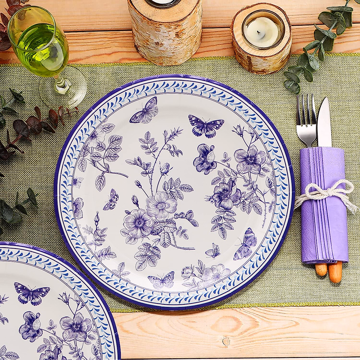 40 Pcs Floral Blue & White Flower Party Supplies White & Blue Floral Paper Plates 7" Wedding Party Plates for Floral Party Theme Bridal Shower Baby Shower Tea Party Floral Birthday Party Decorations