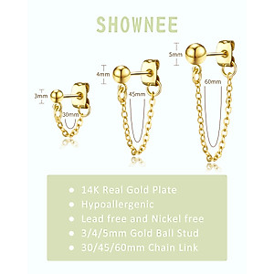 Shownee Gold Ball Studs Earrings for Women - Small Ball Stud 14K Gold Plated Hypoallergenic Chain Link Drop Dangle Earrings Set Jewelry Gifts