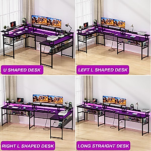 Unikito U Shaped Computer Desks, Reversible Office Desk with LED Strip and Power Outlets, L Shaped Table with Full Monitor Stand and Storage Shelves, 83 Inch Large U- Shape Gaming Desk, Black