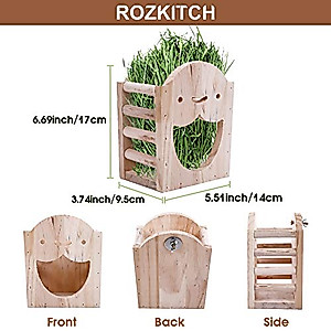 ROZKITCH Rabbit Hay Feeder, Wooden Grass Food Dispenser for Cage, Wood Rack Manger Holder Storage for Bunny Guinea Pig Chinchilla, Less Wasted Indoor Bowl Small Animal Pet-self Feeding Bin