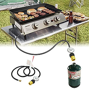 MENSI 5 Feet Propane Regulator and Hose Universal Grill Regulator Replacement Parts, QCC1 Type for Most LP Gas Grill, Heater and Fire Pit Table, 3/8" Female Flare Nut with Steak Saver ACME 1LB Adapter