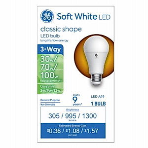 93130562 LED 3-Way Light Bulb, A19 Medium Base, Soft White, 3/9/13 Watt - Quantity 1