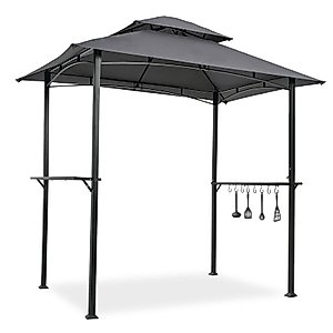 8'x 5' Grill Gazebo Canopy - Outdoor BBQ Gazebo Shelter with Hook and Bar Counters, Steel Frame Double Tier Soft Top Canopy, Grey
