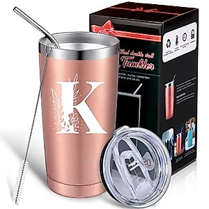 Thenshop Personalized Initial Mug Tumbler 20oz, Monogrammed Travel Mug with Gift Box for Wedding Birthday Graduation Party, Birthday Christmas Gifts for Women Mom Sisters Teacher Coworker (K)
