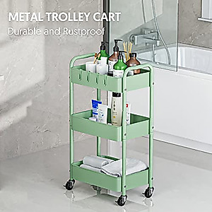 Anyyuk 3-Tier Rolling Storage Cart, Metal Utility Cart with Wheels and Hooks Mobile Art Cart Kitchen Organizer Storage Carts for Bathroom Office Bedroom