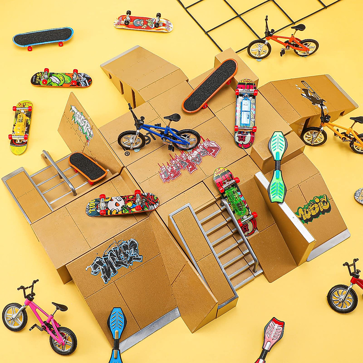 HyDren 62 Pcs Skate Park Kit Fingerboard Skatepark Set Finger Skateboard Deck Ramp with Mini LED Fingerboards Finger Bike Caster Board Finger Toys for Finger Board Training Gift