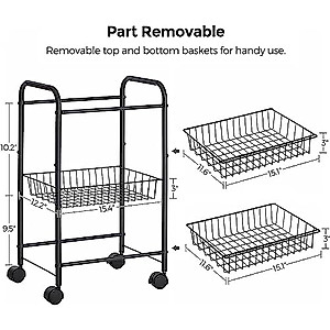 SONGMICS 3-Tier Metal Rolling Cart, Storage Cart with Removable Baskets, Utility Cart with Wheels and Handle, for Kitchen, Bathroom, Laundry Room, Black, UBSC03BK