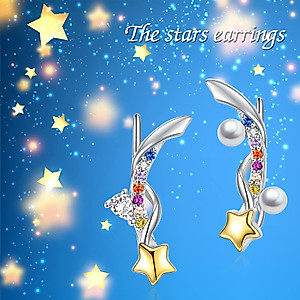 YAFEINI Star Earrings Pair of 2 Different Pearl Ear Climber Earrings 925 Sterling Silver Jewelry Gifts for Her Girlfriend Women