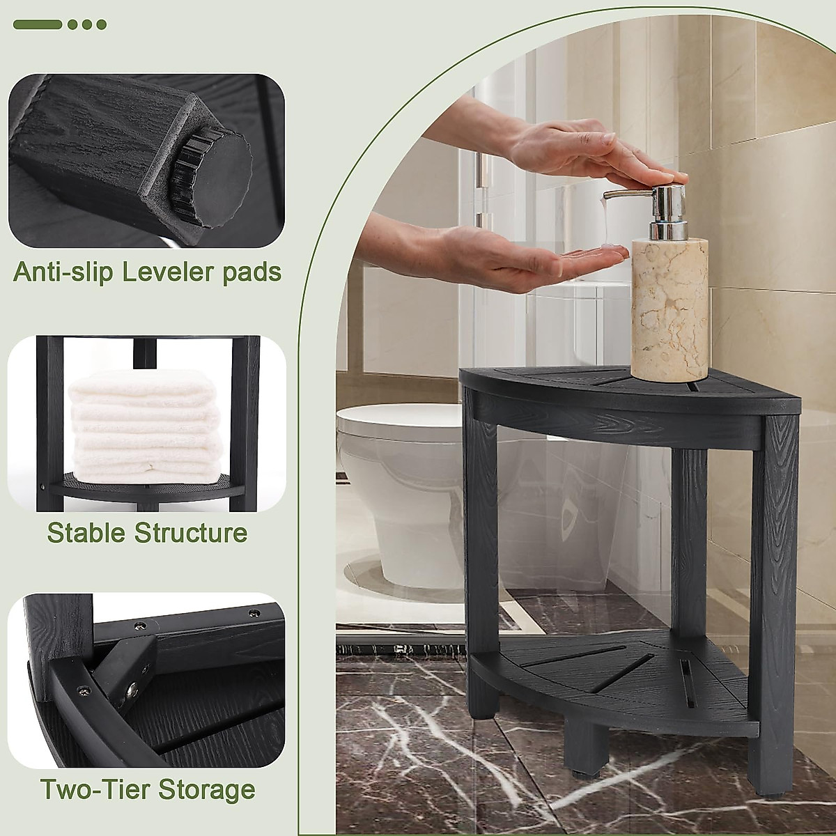 Natree Poly Lumber Shower Foot Rest 17 in, Shower Stool Corner Bench with Storage Shelf, Water Repellent Shower Stool for Shaving Legs, Corner Seat for Bathroom Living Room Shower Spaces(Black)