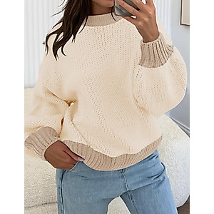 ZESICA Women's Casual Long Sleeve Crew Neck Pullover 2025 Spring Ribbed Knit Loose Contrast Color Sweater Tops,Apricot,Medium