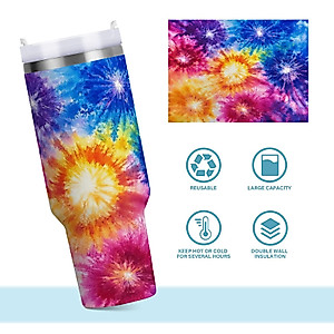 Msyxl 30 oz Insulated Stainless Steel Tumbler with Handle and Straw Lid - Leak-proof Coffee Mug for Men Women, Travel Mug Fits Cup Holder (Bright Tie-dye Pattern)
