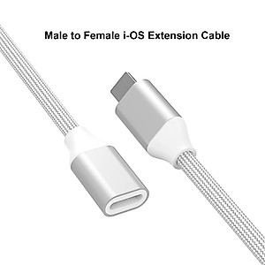 EMATETEK Braided i-Phone Extension Cable Pass Video Audio Music Photo Data, Charge. 1PCS 3.3Feet Male to Female i-Phone Extender Cord Made of Sliver Aluminum & White Braided.(3.3Feet)