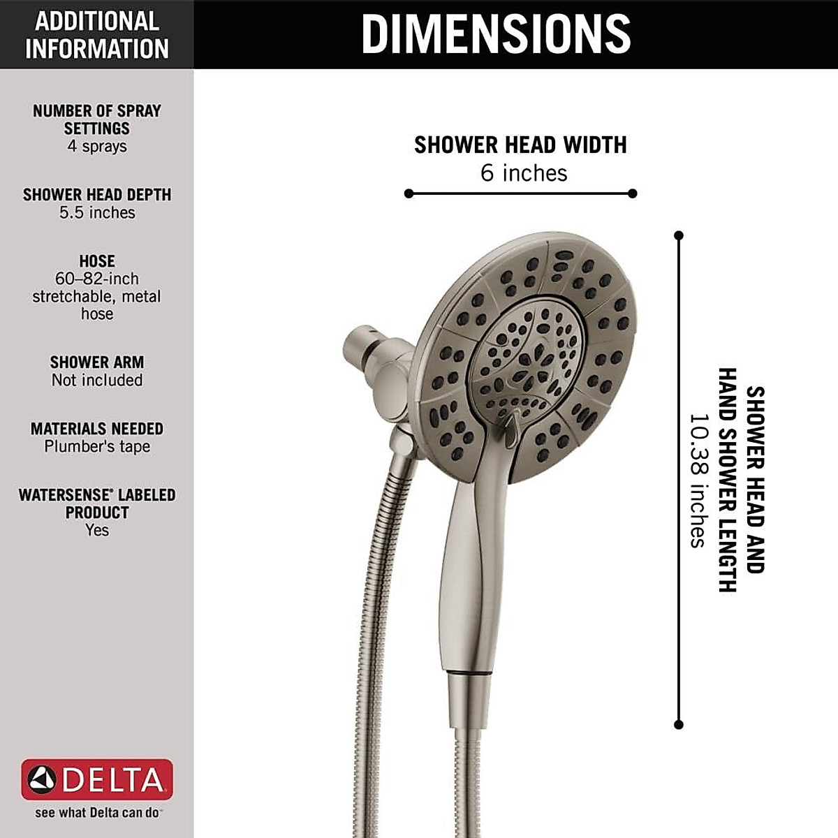 Delta Faucet 4-Spray In2ition Dual Shower Head with Handheld Spray, Brushed Nickel Shower Head with Hose, Showerheads & Handheld Showers, Handheld Shower Heads, Stainless 58499-SS