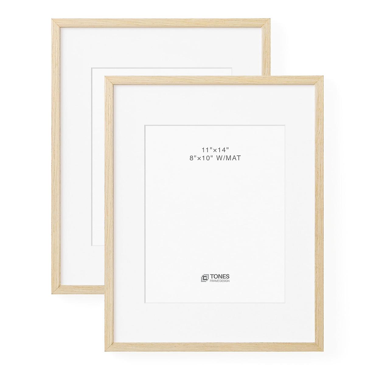 TONES FRAME DESIGN 11x14 Natural Wood Frame with 8x10 Mat, Set of 2 Picture Frames, Solid Wood Venner Finish, and Plexiglass Front for Poster Gallery Wall Home Decor