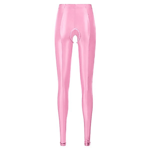 MSemis Woman Oil Silk Opaque Pantyhose Shiny High Waisted Hollow Out Tights Leggings Stockings Pants Pink Footless Large