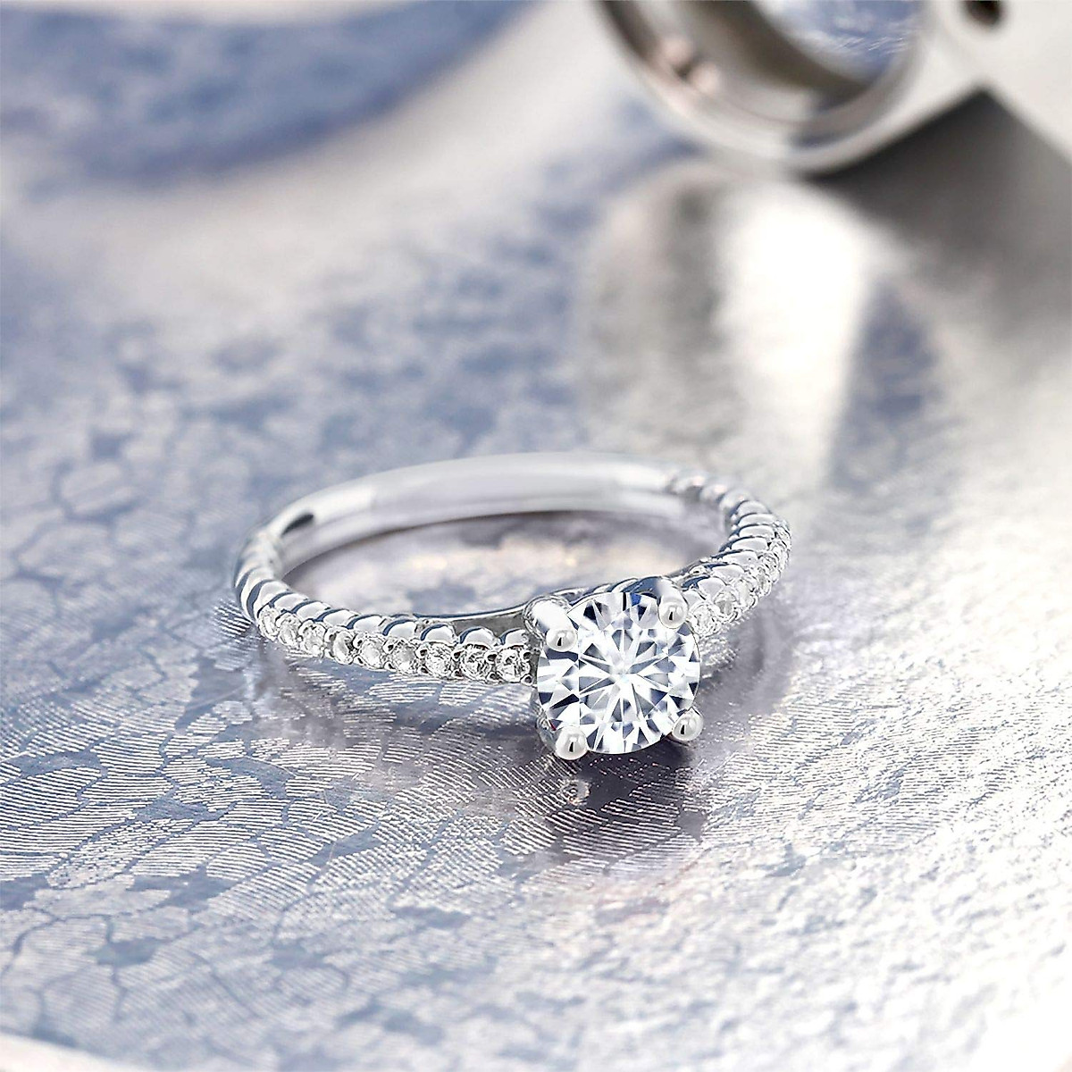 925 Sterling Silver Solitaire with Accent Stones Lab Grown Diamond Engagement Ring Forever Brilliant Round 1.38cttw Moissanite by Charles & Colvard (Size 8)