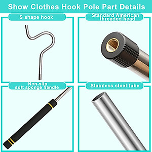Frebuta Clothes Hook Pole Long Handle, 51In Garment Hook Reach Pole Stainless Steel Attic Pull Down Hook Pole S Hook For Plants Hang Light Rod Soft Sponge Handle StudinessDurability