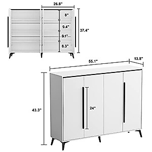 ECACAD Multi-Tier Shoe Storage Cabinet with Adjustable Shelves & 4 Doors, Wood Shoe Rack Organizer with Metal Legs for Entryway, Bedroom, Hallway, White (55.1”W x 13.8”D x 37.4”H)