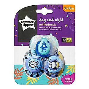 Tommee Tippee Day And Night Pacifiers, Symmetrical Design, BPA-Free Silicone Binkies, 6-18m, 3-Count, Colors And Designs May Vary