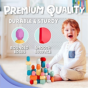 BUNMO Wooden Blocks - Stacking Rocks 40pcs - Montessori Toys for 3 Year Old - Stimulating Creative & Imaginative Play - Wood Blocks Stacking Toys - Toys for 3 Year Old Boy or Girl - Non-Mouthable Toy