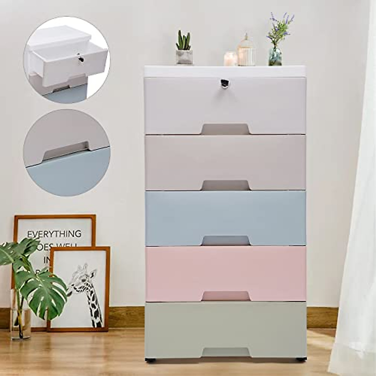 Drawer Chest, Plastic 5-Drawers Dresser Storage Cabinet With Lock, Closet Drawers Tall Vertical Storage Organizer With Wheels For Bedrooms, Living Rooms, Studies, Beauty Stores(Type9 With Lock)